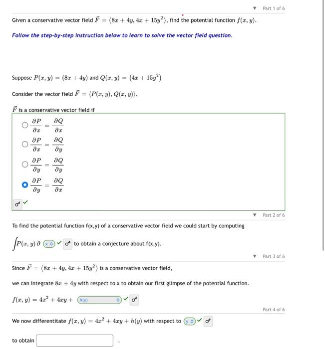 Solved Given a conservative vector field F= 8x+4y,4x+15y2 , | Chegg.com