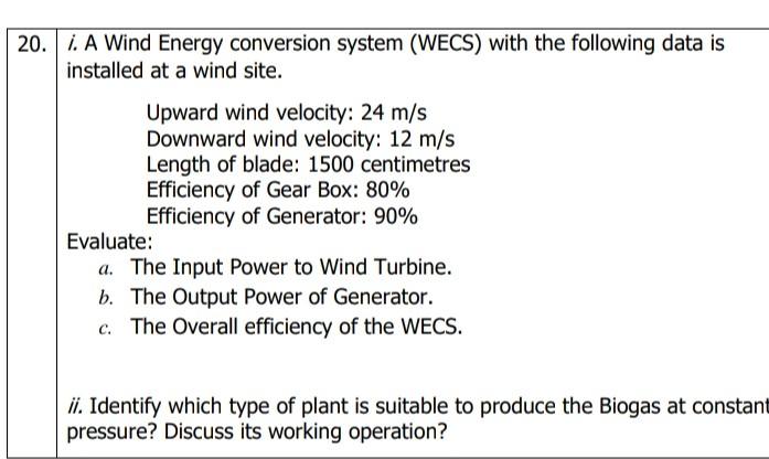 Solved 20. 1. A Wind Energy conversion system (WECS) with | Chegg.com