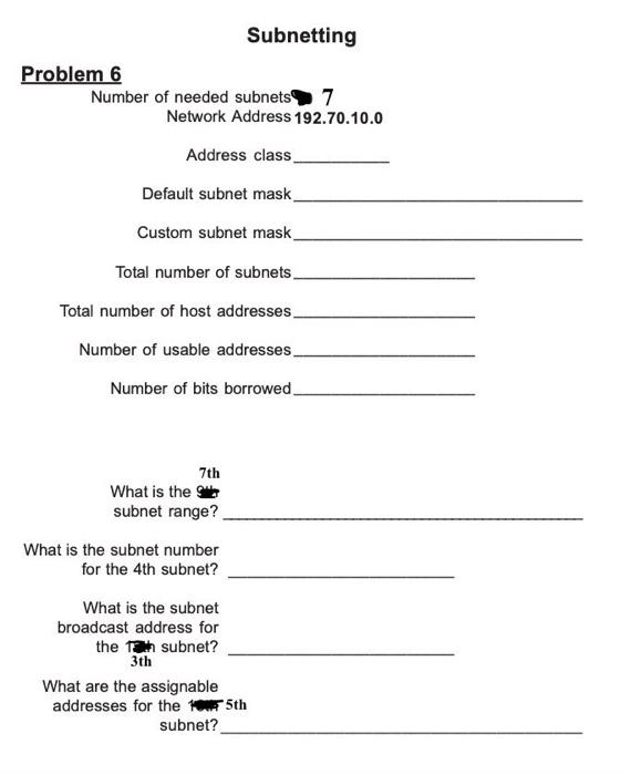 Solved Subnetting Problem 6 Number of needed subnets 7 | Chegg.com