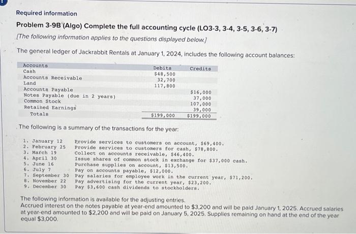 Solved Required information Problem 3-9B (Algo) Complete the | Chegg.com
