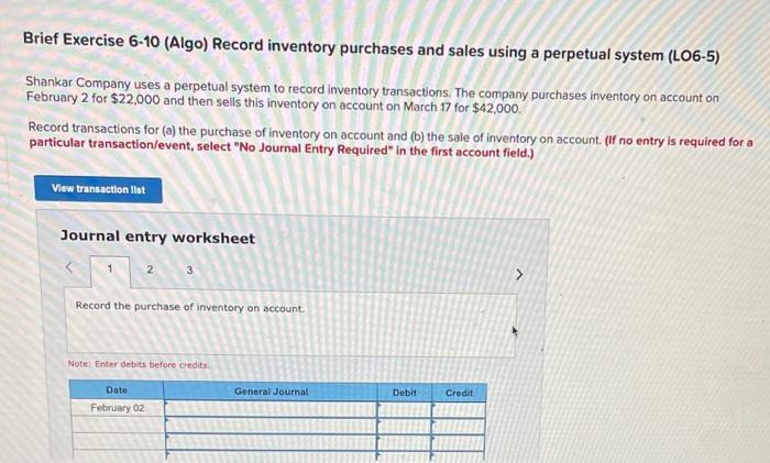Solved Brief Exercise 6-10 (Algo) Record inventory purchases | Chegg.com
