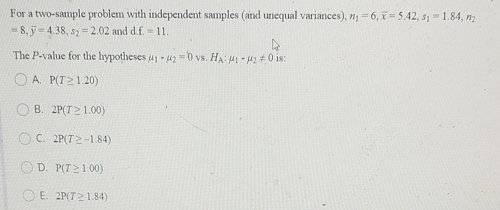 Solved For a two-sample problem with independent samples | Chegg.com