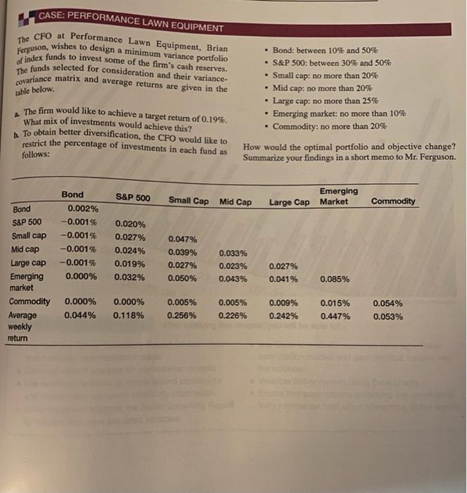 CASE: PERFORMANCE LAWN EQUIPMENT The CFO at | Chegg.com