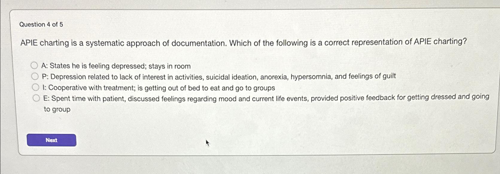 Solved Question 4 ﻿of 5APIE charting is a systematic | Chegg.com