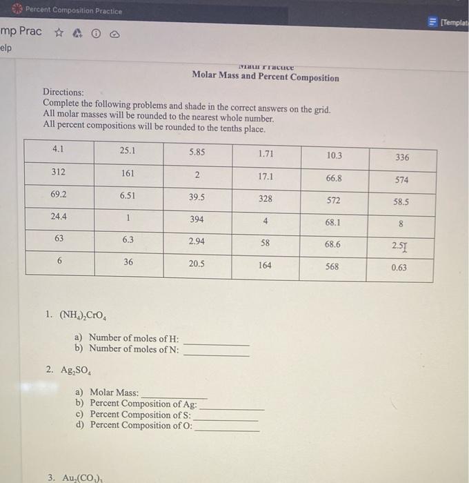 Solved Percent Composition Practice [Templat mp Prac elp IVU | Chegg.com
