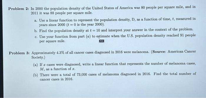 Solved Problem 2: In 2000 the population density of the | Chegg.com