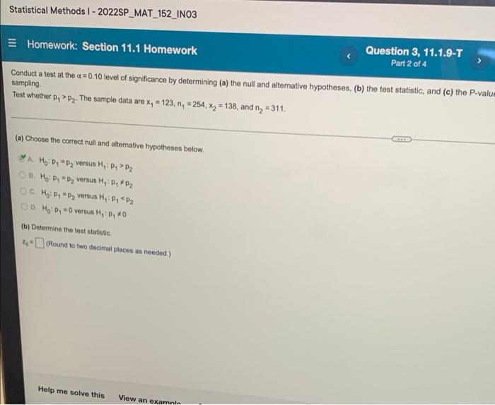 Solved Statistical Methods I - 2022SP_MAT_152_INO3 Homework: | Chegg.com
