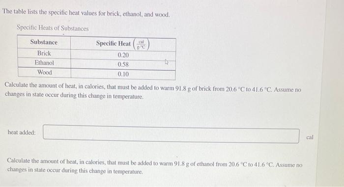 Solved The table lists the specific heat values for brick, | Chegg.com