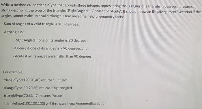 Solved Write a method called triangleType that accepts three | Chegg.com