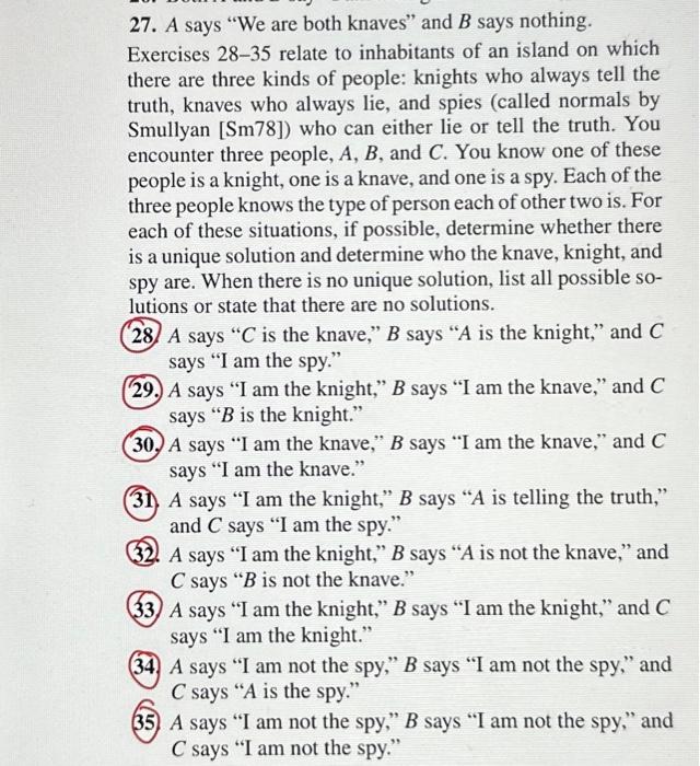 Solved 27. A says "We are both knaves" and B says nothing. | Chegg.com