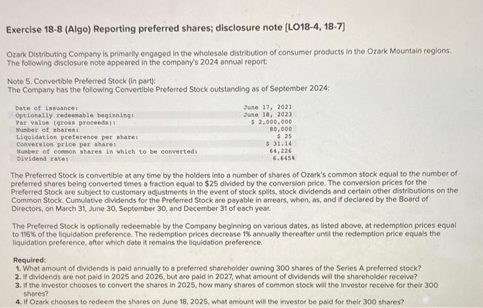 Solved Exercise 18-8 (Algo) Reporting preferred shares; | Chegg.com