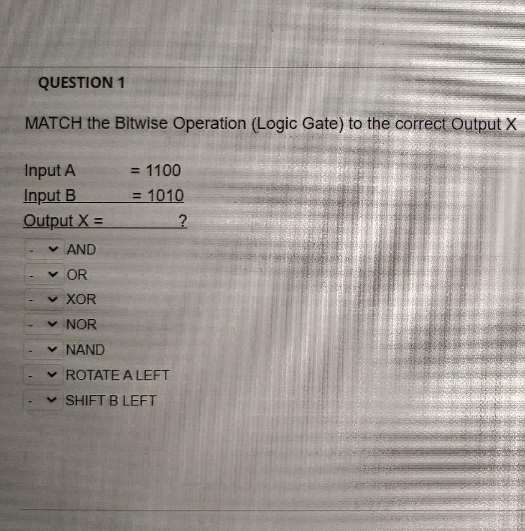 Solved QUESTION 1 MATCH the Bitwise Operation (Logic Gate) | Chegg.com