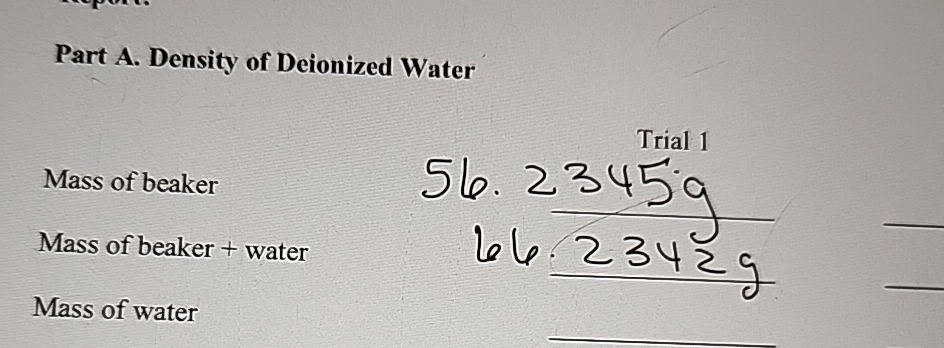 Solved Part A. ﻿Density of Deionized WaterMass of | Chegg.com