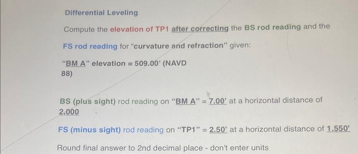 Solved Differential Leveling Compute the elevation of TP1 | Chegg.com