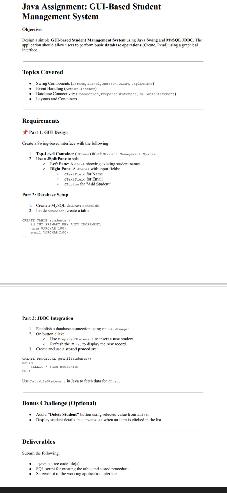 Solved Java Assignment: GUI-Based Student Management | Chegg.com