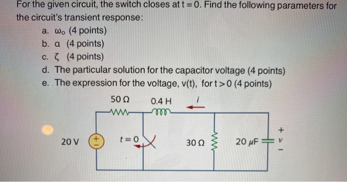 Solved For the given circuit, the switch closes at t = 0. | Chegg.com