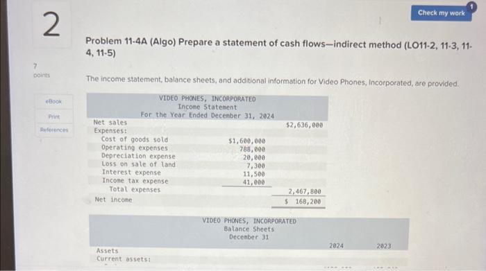 Solved Problem 11-4A (Algo) Prepare a statement of cash | Chegg.com
