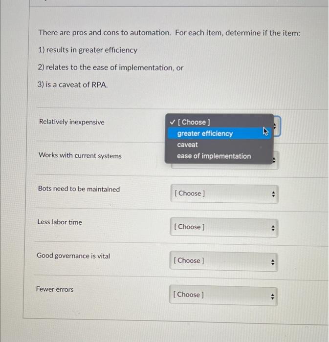 Solved There are pros and cons to automation. For each item, | Chegg.com