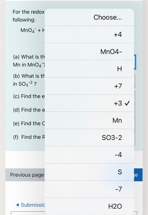Solved Choose... For the redox following: MnO4 + F +4 MnO4- | Chegg.com
