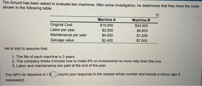 Solved Tim Smunt has been asked to evaluate two machines. | Chegg.com