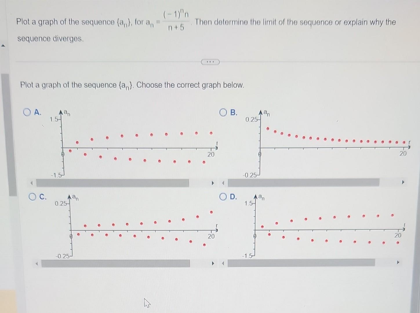 Solved Plot a graph of the sequence {an}, for an=n+5(−1)nn. | Chegg.com