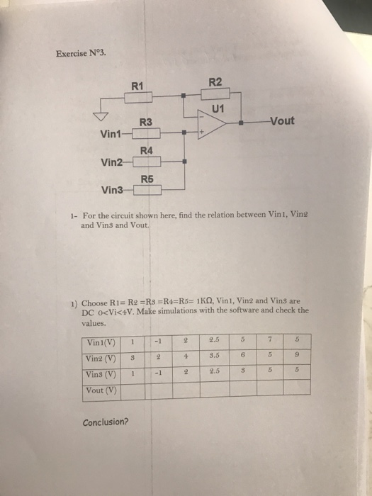 Solved Exercise Nº3. R1 R3 Vout Vin14 R4 Vin2 R5 Vin34 1- | Chegg.com