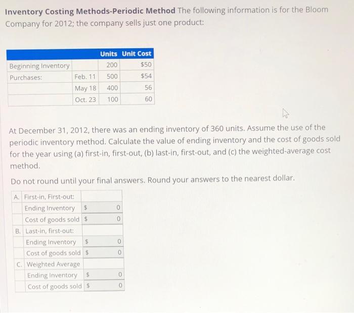 Solved Inventory Costing Methods-Periodic Method The | Chegg.com