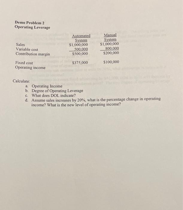 Solved Demo Problem 2 Operating Leverage Calculate: a. | Chegg.com