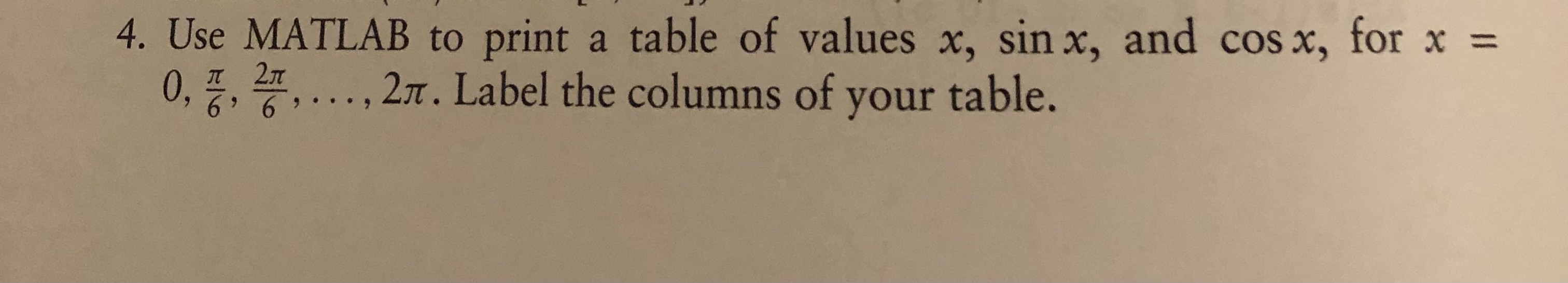 Solved Use MATLAB to print a table of values x,sinx, ﻿and | Chegg.com