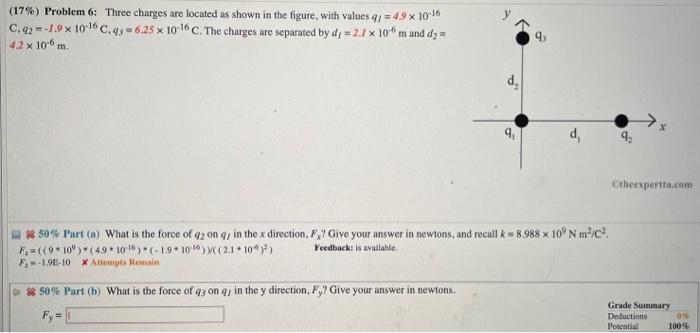 Solved (17\%) Problem 6: Three charges are located as shown | Chegg.com