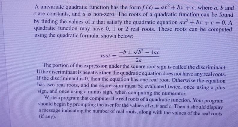 Solved A univariate quadratic function has the form f (x) = | Chegg.com