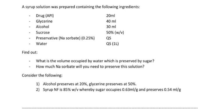 Solved A syrup solution was prepared containing the | Chegg.com