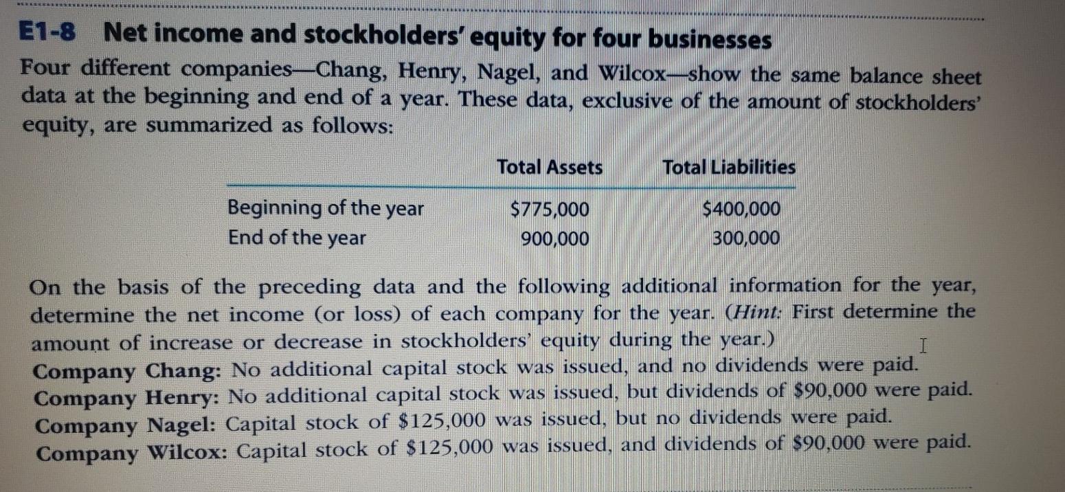 Solved E1-8 Net income and stockholders' equity for four | Chegg.com