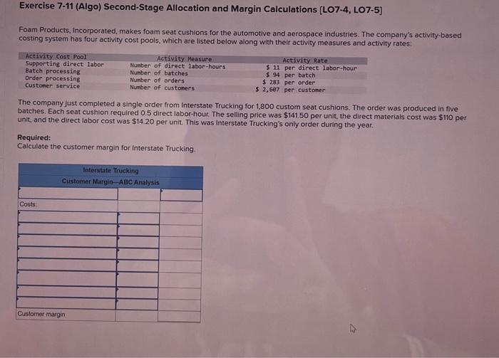 Solved Exercise 7-11 (Algo) Second-Stage Allocation and | Chegg.com