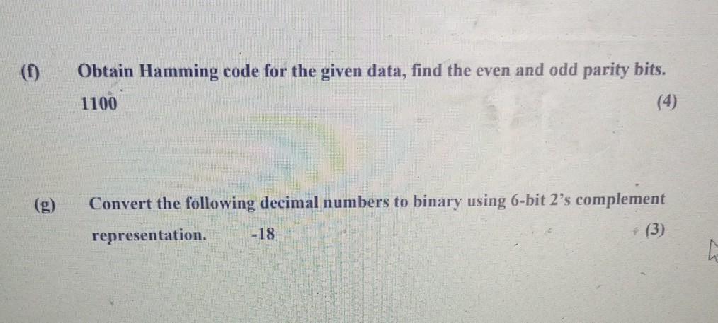 Solved (1) Obtain Hamming code for the given data, find the | Chegg.com