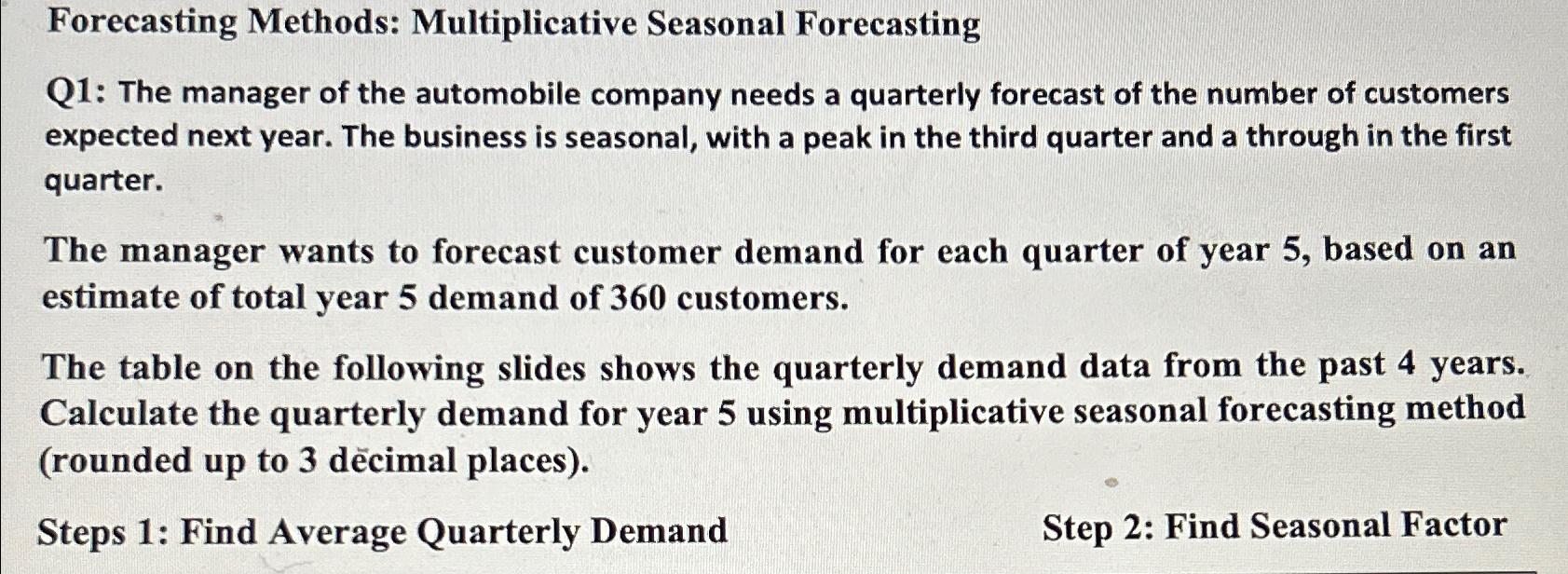 Solved Forecasting Methods: Multiplicative Seasonal | Chegg.com
