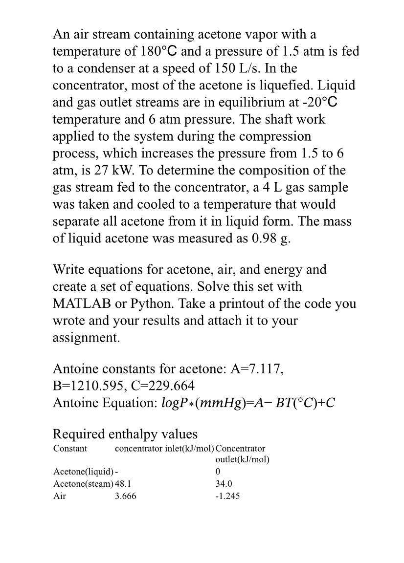 Solved An air stream containing acetone vapor with a | Chegg.com