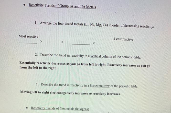 Solved • Reactivity Trends of Group IA and IIA Metals 1. | Chegg.com