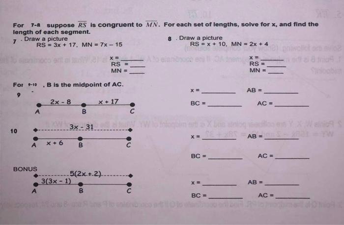 Solved For 7−8 suppose RS is congruent to MN. For each set | Chegg.com