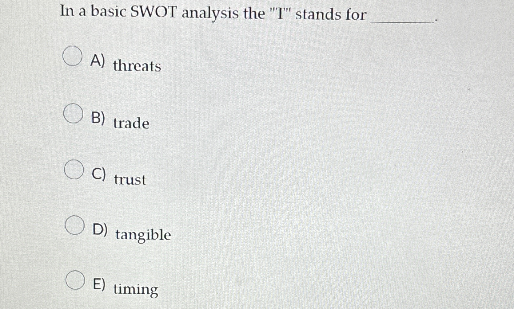 Solved In a basic SWOT analysis the "T" ﻿stands forA) | Chegg.com