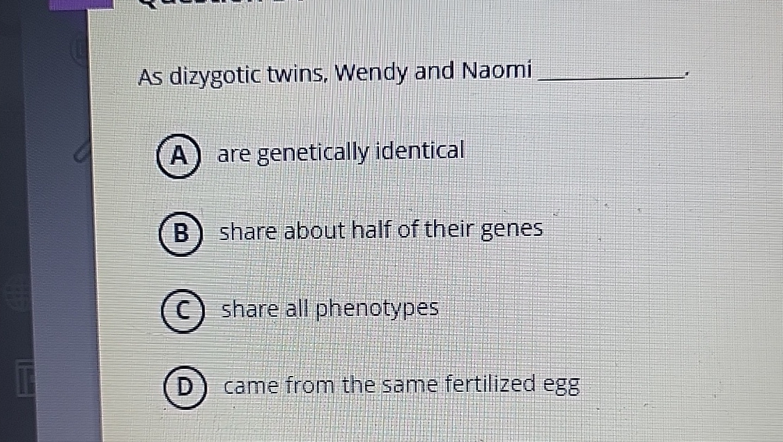 Solved As dizygotic twins, Wendy and Naomi ﻿are | Chegg.com