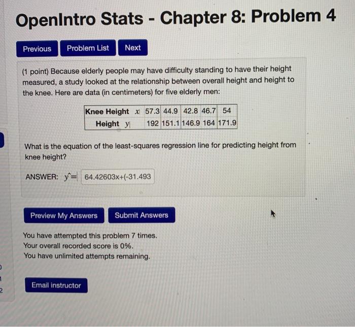 Solved OpenIntro Stats - Chapter 8: Problem 4 Previous | Chegg.com