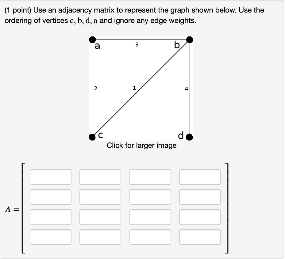 Solved (1 point) Use an adjacency matrix to represent the | Chegg.com Solved (1 point) Use an adjacency matrix to represent the | Chegg.com