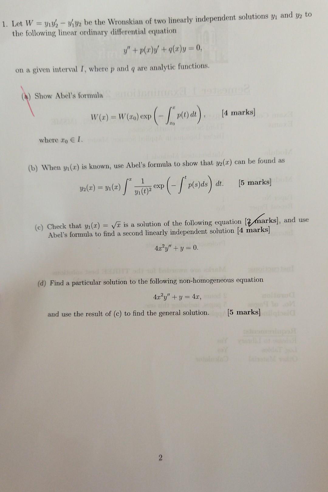 Solved Let W=y1y2′−y1′y2 be the Wronskian of two linearly | Chegg.com