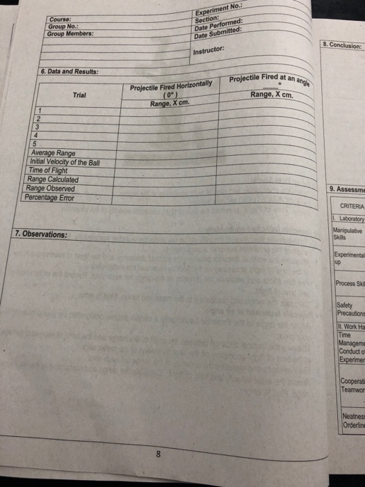 Laboratory Experiment No. 2 Projectile Motion 1. O... | Chegg.com