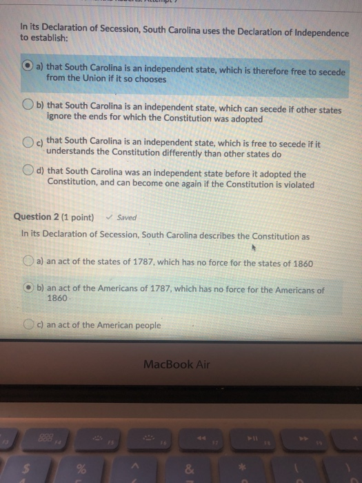 In its Declaration of Secession, South Carolina uses | Chegg.com
