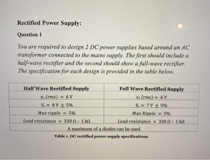 Solved Rectified Power Supply: Question 1 You are required | Chegg.com
