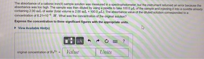 Solved The absorbance of a cationic ironill) sample solution | Chegg.com