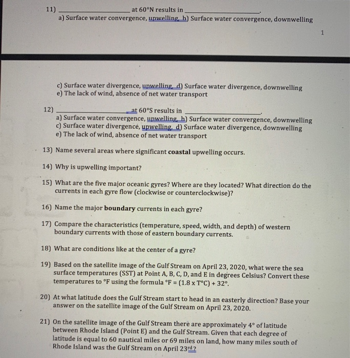 Solved 11) at 60°N results in a) Surface water convergence, | Chegg.com