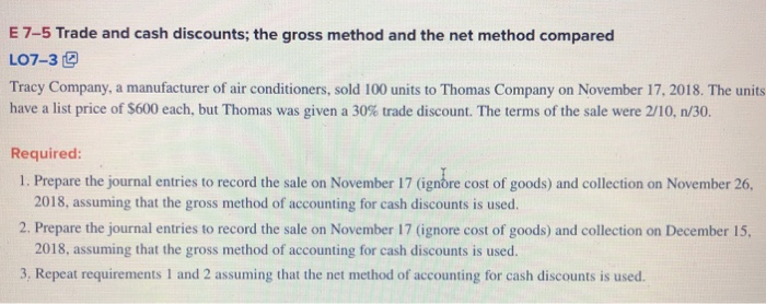 Solved E 7-5 Trade and cash discounts; the gross method and | Chegg.com